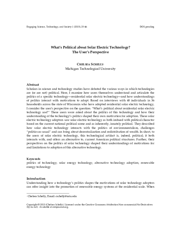 (PDF) What's Political about Solar Electric Technology? The User's ...