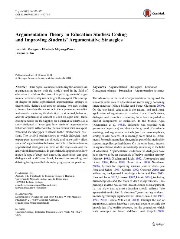 (PDF) Argumentation Theory in Education Studies: Coding and Improving Students’ Argumentative ...