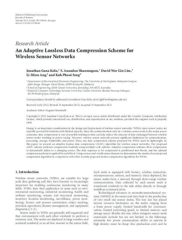 (PDF) An Adaptive Lossless Data Compression Scheme for WSN