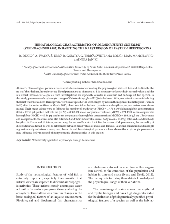 (PDF) HEMATOLOGICAL CHARACTERISTICS OF DELMINICHTHYS GHETALDII ...