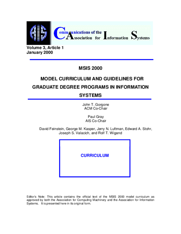 (PDF) MSIS 2000 MODEL CURRICULUM AND GUIDELINES FOR GRADUATE DEGREE PROGRAMS IN INFORMATION SYSTEMS