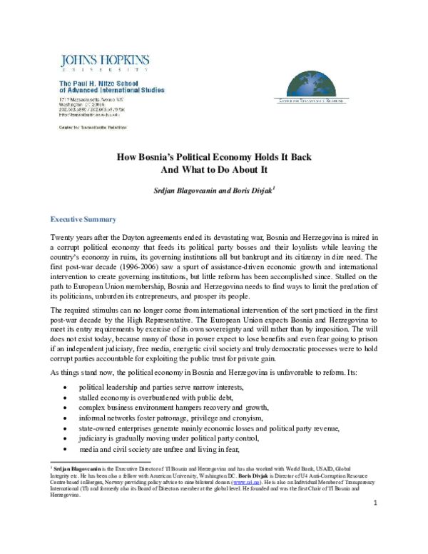 (PDF) How Bosnia’s Political Economy Holds It Back And What to Do About ...
