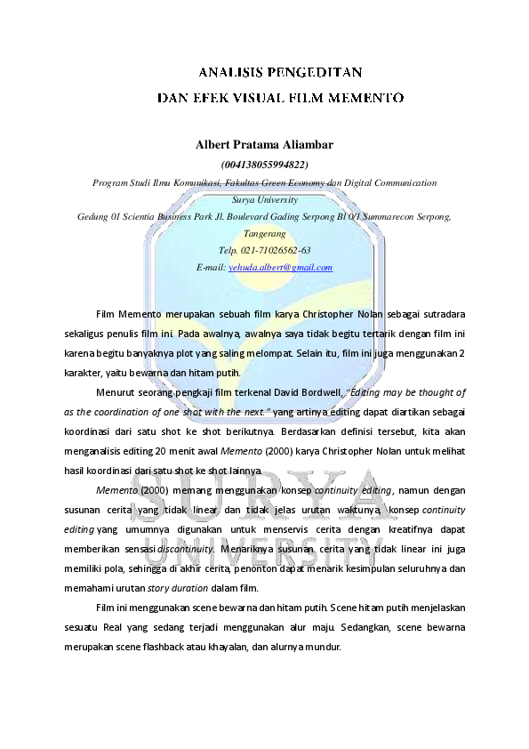 (PDF) ANALISIS PENGEDITAN DAN EFEK VISUAL FILM MEMENTO