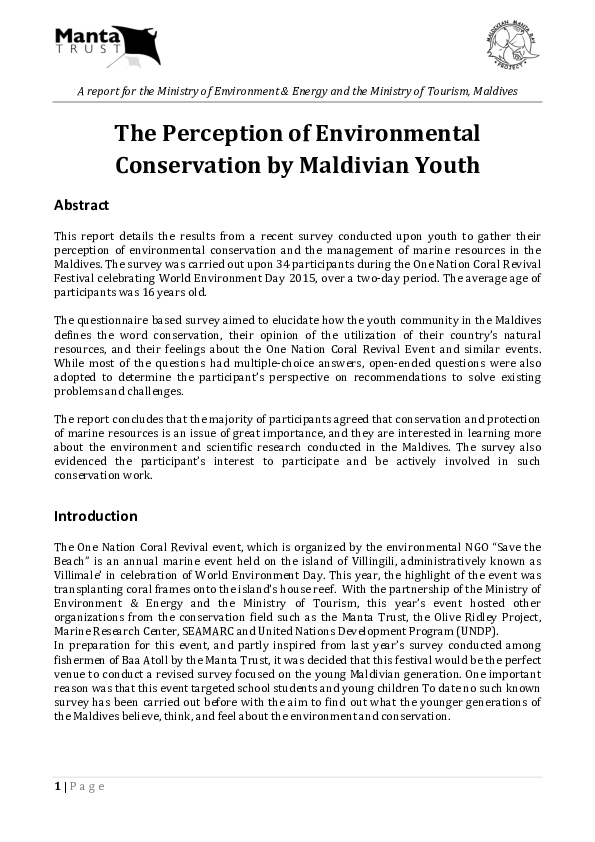 (PDF) The Perception of Environmental Conservation by Maldivian Youth