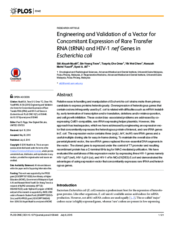 (PDF) Engineering and Validation of a Vector for Concomitant Expression ...