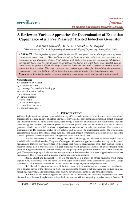 (PDF) A Review on Various Approaches for Determination of Excitation Capacitance of a Three ...
