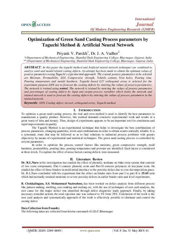 (PDF) Optimization of Green Sand Casting Process parameters by Taguchi Method & Artificial ...