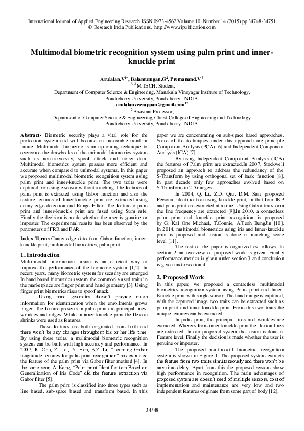Pdf Multimodal Biometric Recognition System Using Palm Print And Inner Knuckle Print