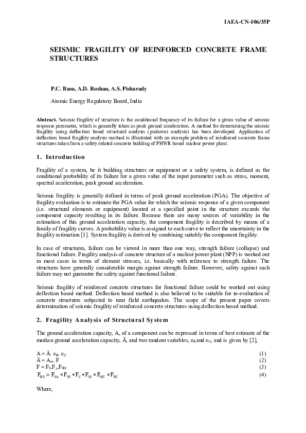 Seismic Fragility Of Reinforced Concrete Frame Structures