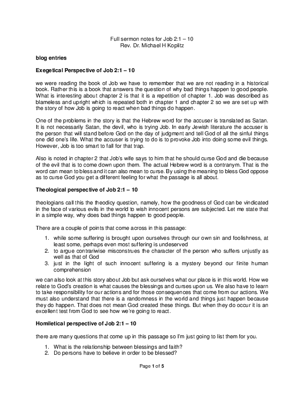 (PDF) Full Sermon notes for Job 2:1-10 (Sunday October 4, 2015)