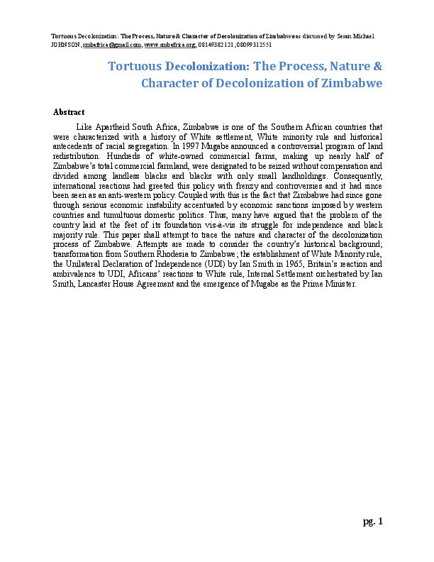 (PDF) Tortuous Decolonization: The Process, Nature & Character of Decolonization of Zimbabwe