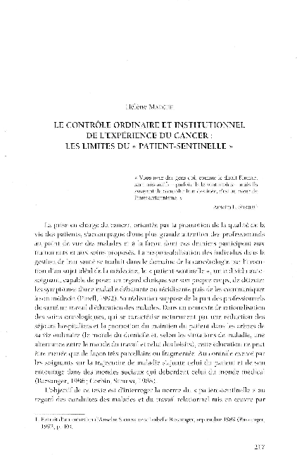(PDF) Le contrôle ordinaire et institutionnel de l’expérience du cancer ...