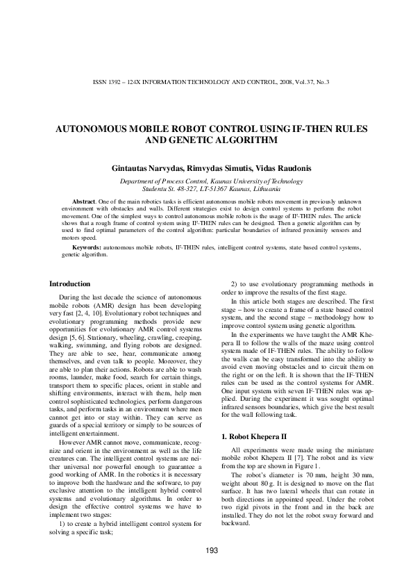 (PDF) AUTONOMOUS MOBILE ROBOT CONTROL USING IF-THEN RULES AND GENETIC ...