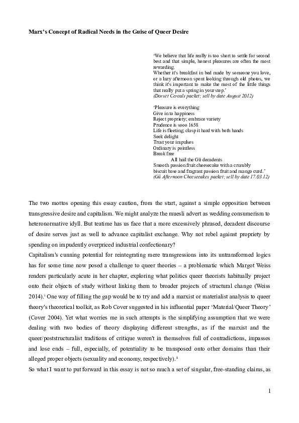 "Marx's Concept of Needs in the Guise of Queer Desire", S.31-46 in ...