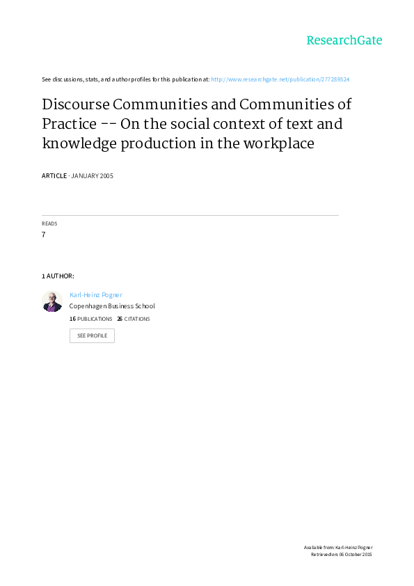 (PDF) Discourse Communities and Communities of Practice On the social context of text and ...
