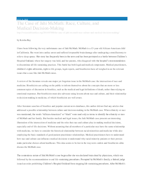 (PDF) The Case of Jahi McMath: Race, Culture, and Medical Decision-Making