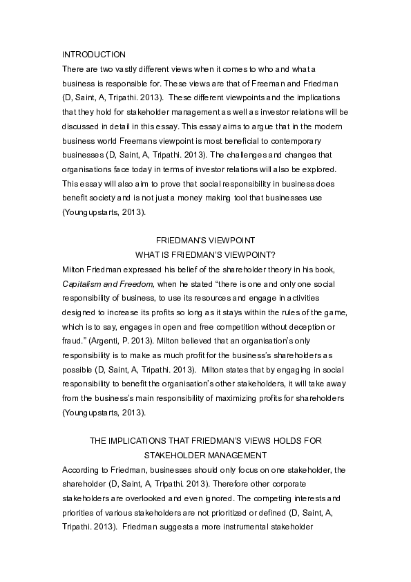(DOC) Stakeholder theory vs shareholder theory and its impact on business