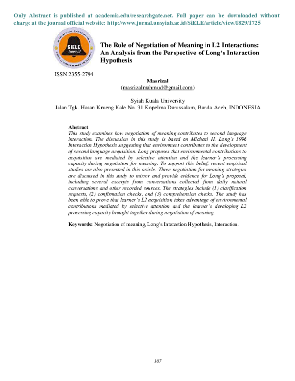 (PDF) The Role of Negotiation of Meaning in L2 Interactions:An Analysis ...