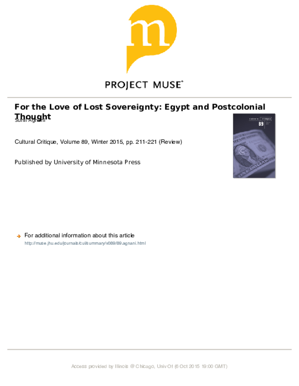 (PDF) Sunil Agnani, "For the Love of Lost Sovereignty: Egypt ...