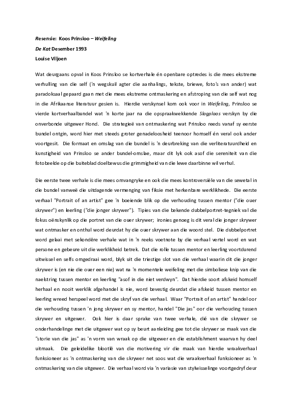 (PDF) Resensie: Koos Prinsloo - Weifeling (1993)