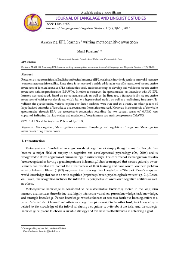 Pdf Assessing Efl Learners Writing Metacognitive Awareness