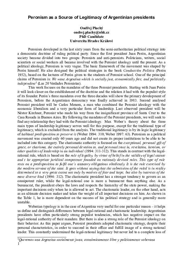 (PDF) Peronism as a Source of Legitimacy of Argentinian Presidents