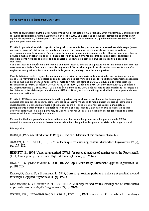 (DOC) Fundamentos del método METODO REBA ROSA OCRA RULA