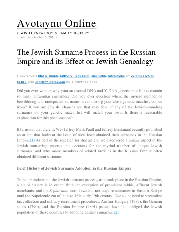 (PDF) The Jewish Surname Process in the Russian Empire and its Effect ...