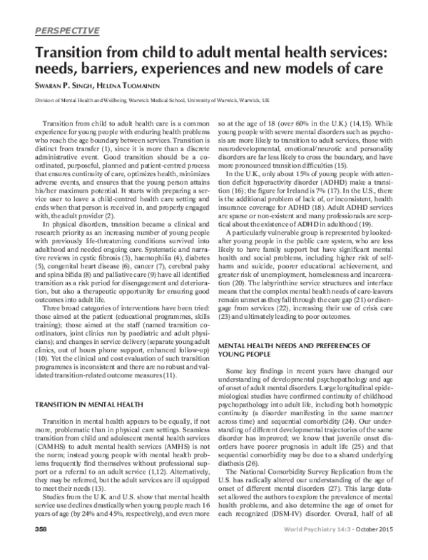 (PDF) Transition from child to adult mental health services: needs, barriers, experiences and ...
