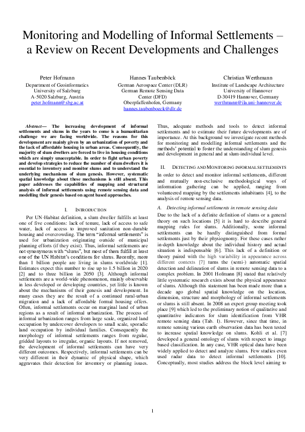 Pdf Monitoring And Modelling Of Informal Settlements A Review On Recent Developments And