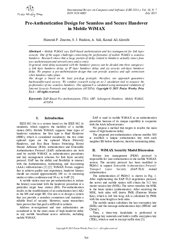 (PDF) Pre-Authentication Design for Seamless and Secure Handover in Mobile WiMAX