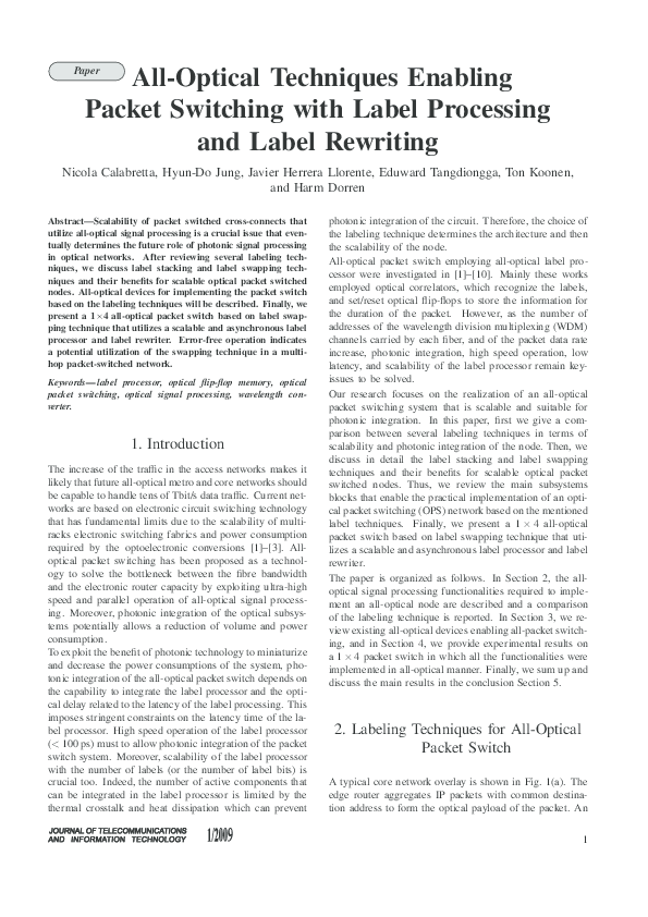 Pdf All Optical Techniques Enabling Packet Switching With Label Processing And Label Rewriting