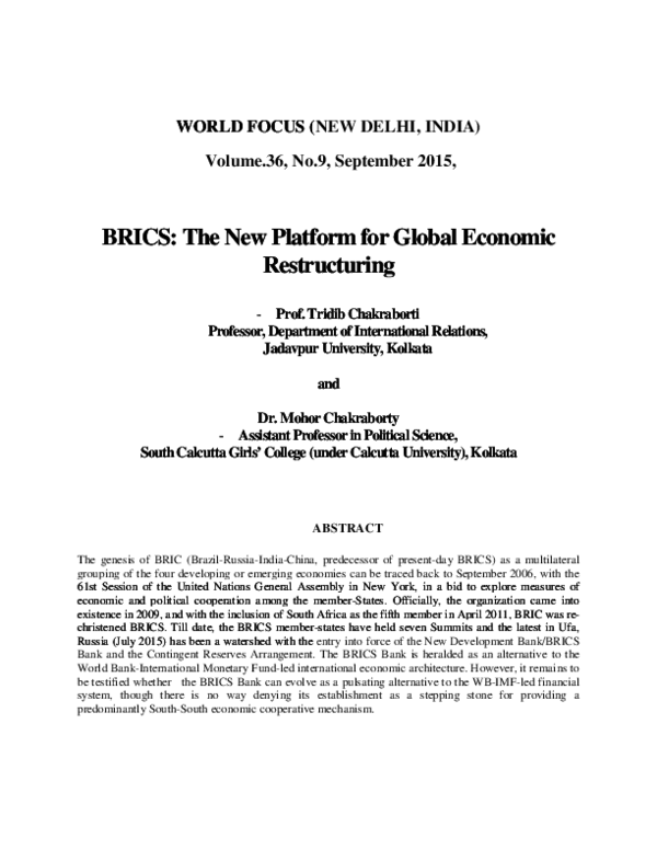 (PDF) BRICS: The New Platform for Global Economic Restructuring