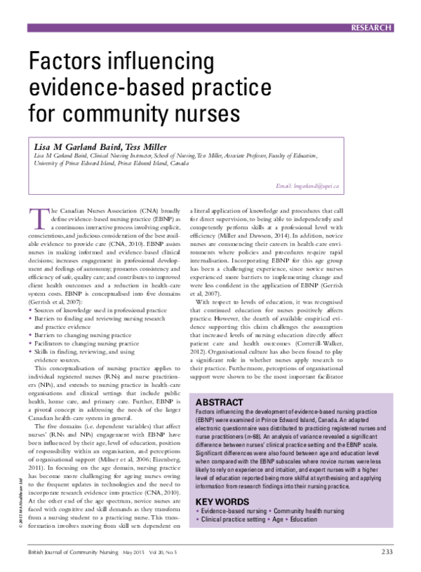 Pdf Factors Influencing Evidence Based Practice For Community Nurses