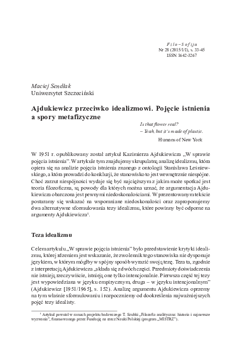 (PDF) Ajdukiewicz przeciwko idealizmowi. Pojęcie istnienia a spory metafizyczne [Filo-Sofija]