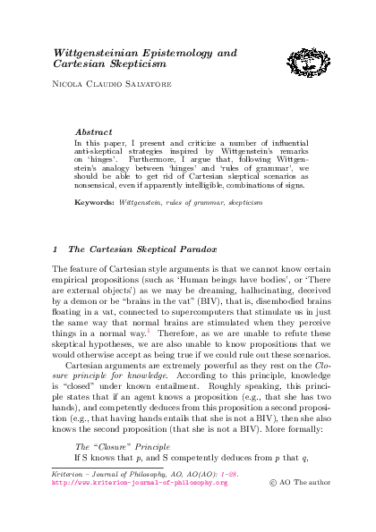 (PDF) Wittgensteinian Epistemology and Cartesian Skepticism