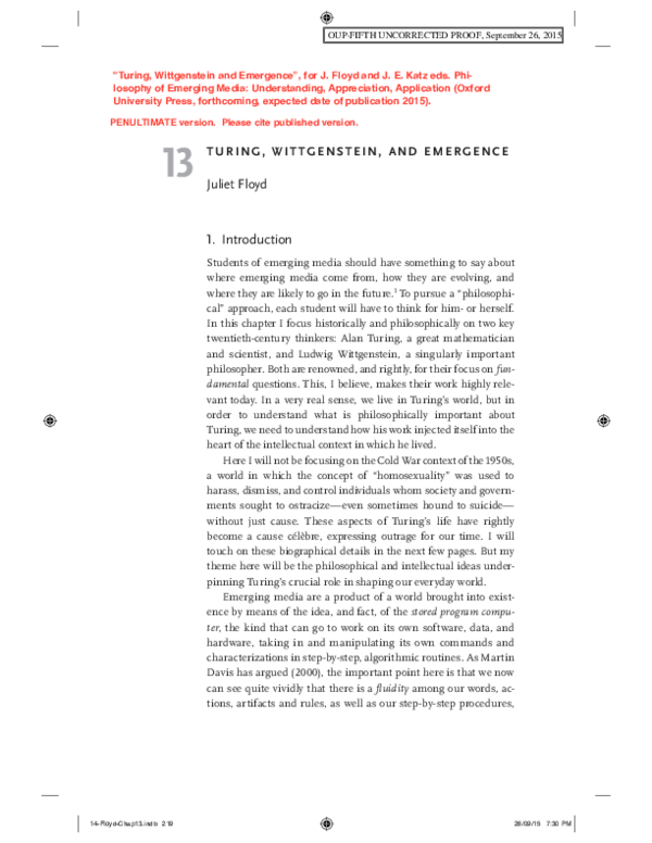 (PDF) JF 2016 Turing, Wittgenstein and Emergence | Juliet Floyd ...