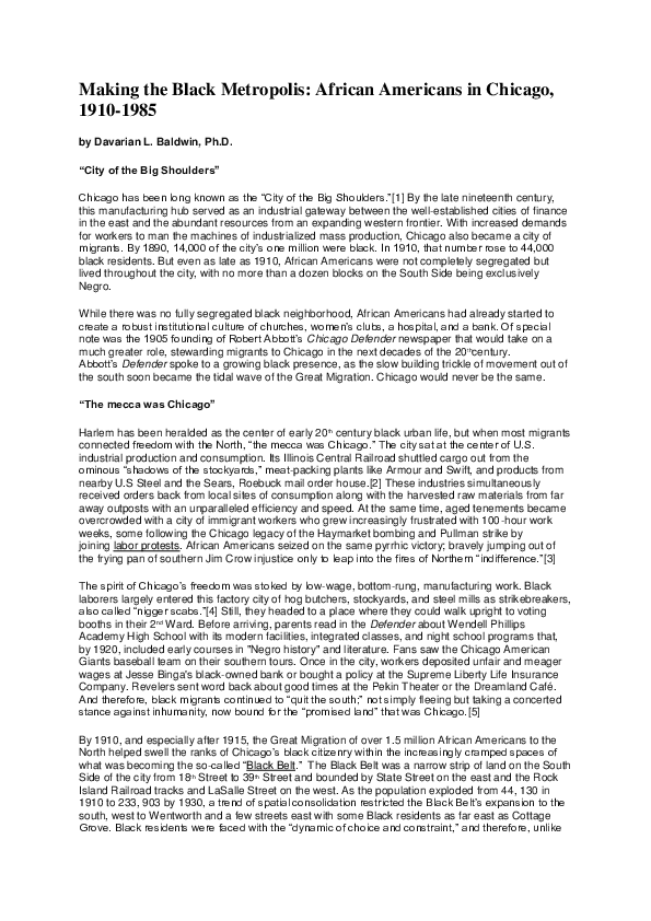 (PDF) Making the Black Metropolis: African Americans in Chicago, 1910-1985