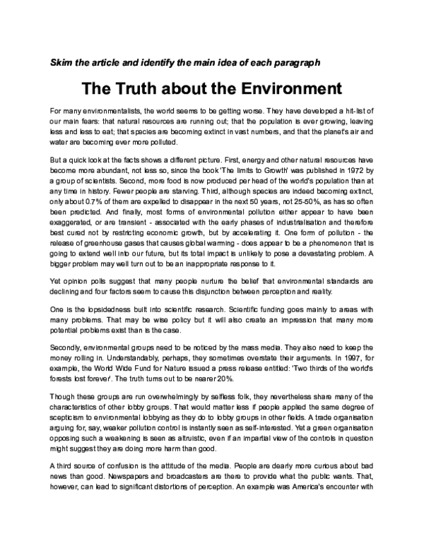 (DOC) Skim the article and identify the main idea of each paragraph