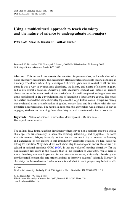 Pdf Using A Multicultural Approach To Teach Chemistry And The Nature
