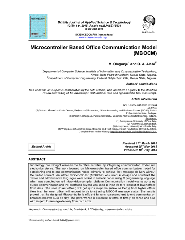 (PDF) Microcontroller Based Office Communication Model (MBOCM) | Alabi Abdullateef - Academia.edu