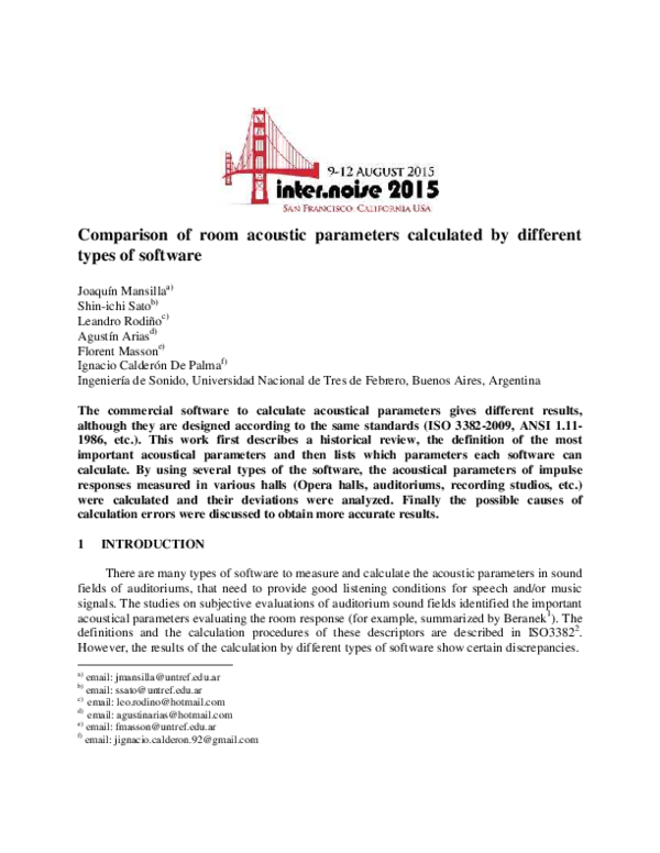 Pdf Comparison Of Room Acoustic Parameters Calculated By Different Types Of Software