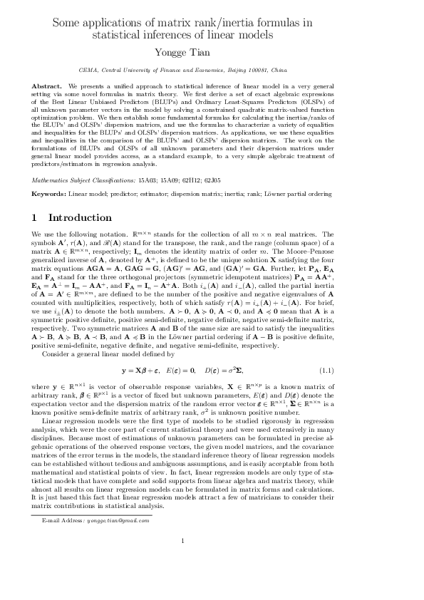 (PDF) Some applications of matrix rank/inertia formulas in statistical inferences of linear models