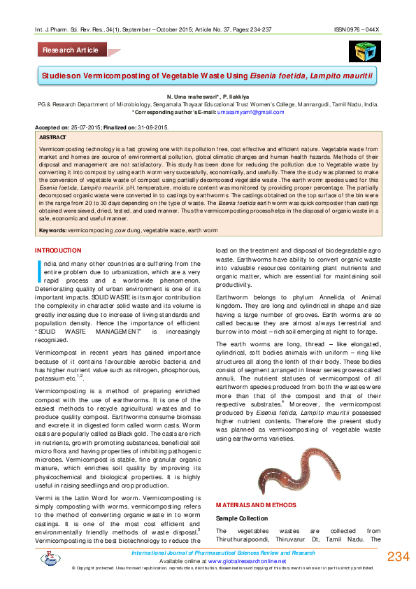 (PDF) Studies on Vermicomposting of Vegetable Waste Using Eisenia ...