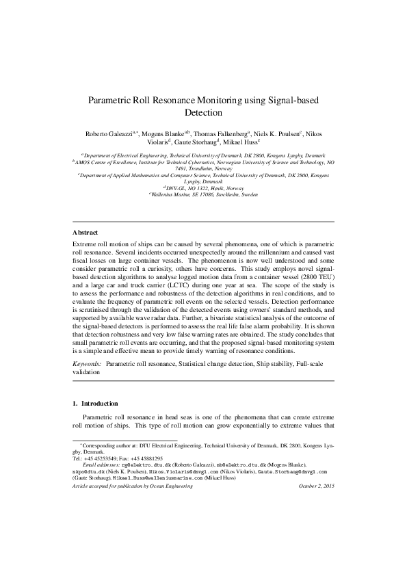 Pdf Parametric Roll Resonance Monitoring Using Signal Based Detection