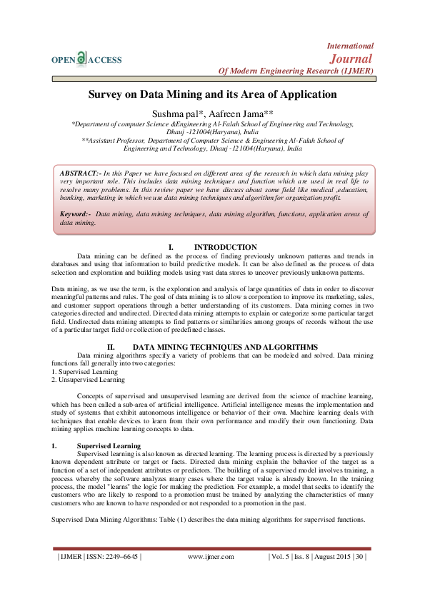 Pdf Survey On Data Mining And Its Area Of Application