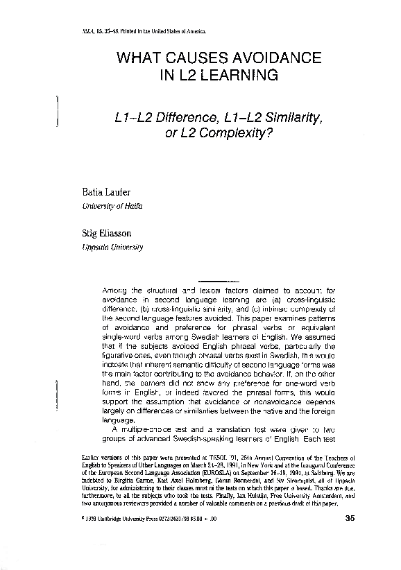 (PDF) What Causes Avoidance in L2 Learning: L1–L2 difference, L1–L2 similarity, or L2 complexity?