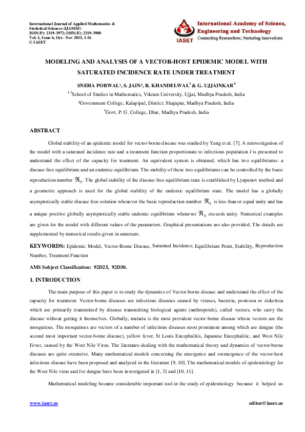 (PDF) MODELING AND ANALYSIS OF A VECTOR-HOST EPIDEMIC MODEL WITH SATURATED INCIDENCE RATE UNDER ...