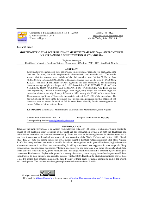 (PDF) MORPHOMETRIC CHARACTERISTICS AND MERISTIC TRAITS OF Tilapia zillii FROM THREE MAJOR DAMS ...