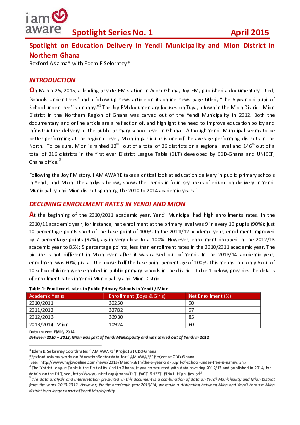 (PDF) Spotlight on Education Delivery in Yendi Municipality and Mion ...
